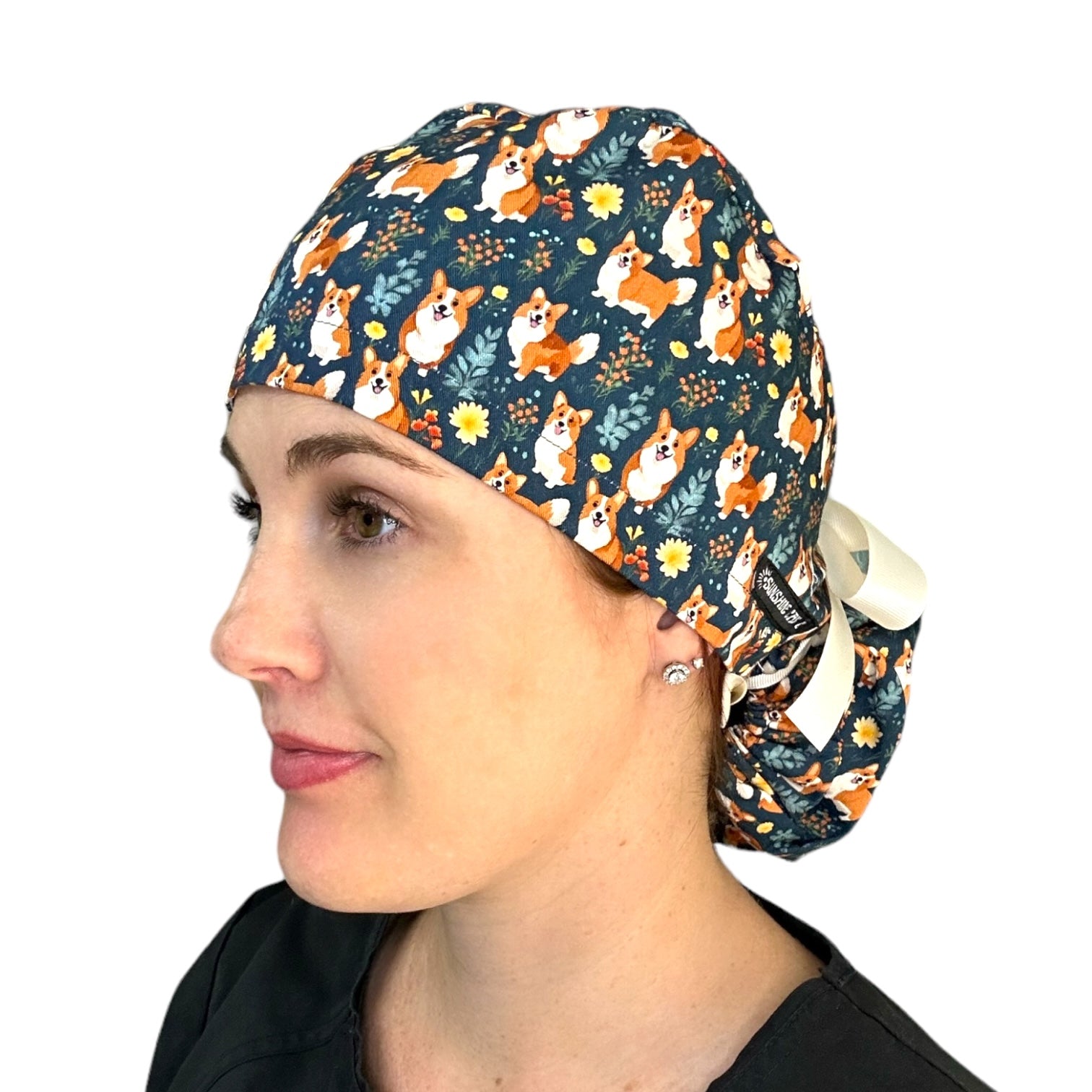 Corgi Meadow Dog Ponytail Scrub Cap