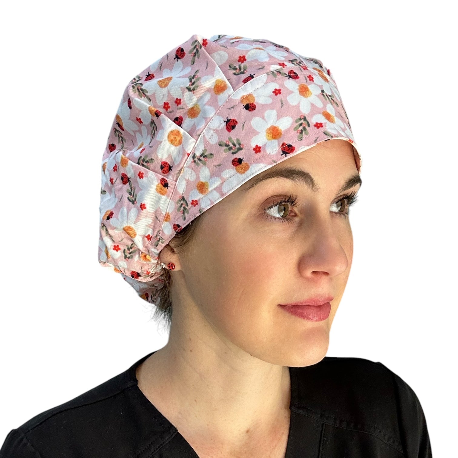 Ladybug & Daisies Bouffant Scrub Cap for Women