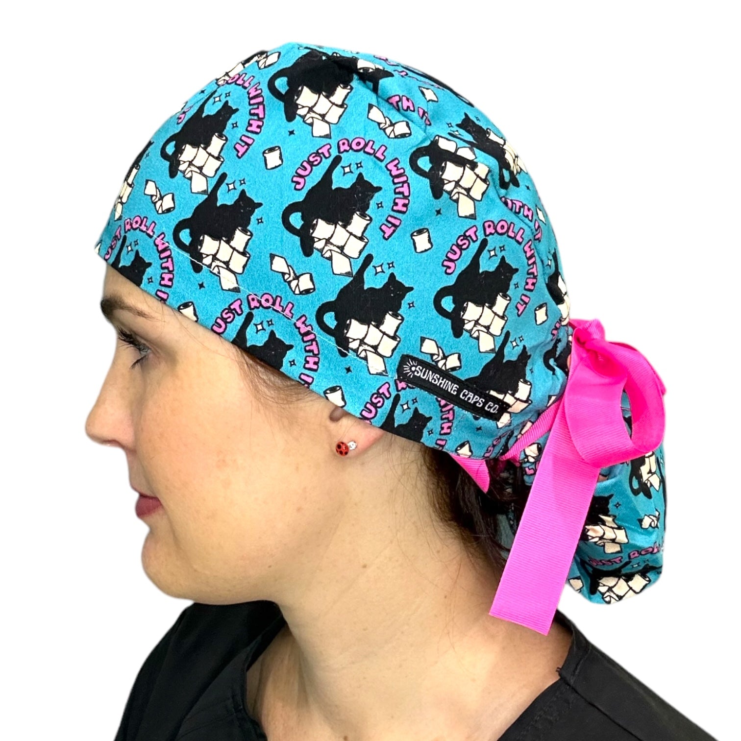 Funny Cat Scrub Cap – "Just Roll with It" Ponytail Style