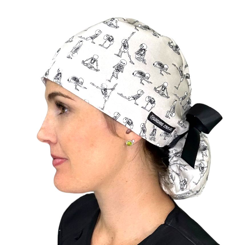 Skeleton Doing Yoga Print Ponytail Surgical Cap for Women